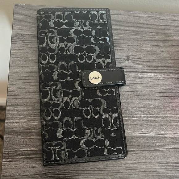 Coach | Bags | Coach Black Monogram Long Wallet W Silver Leather ...